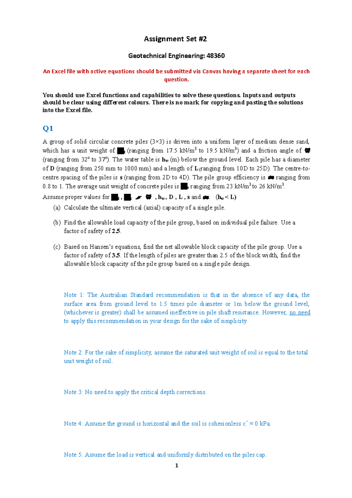 Assignment Set 2 Questions - Assignment Set Geotechnical Engineering: 48360 An Excel file with ...