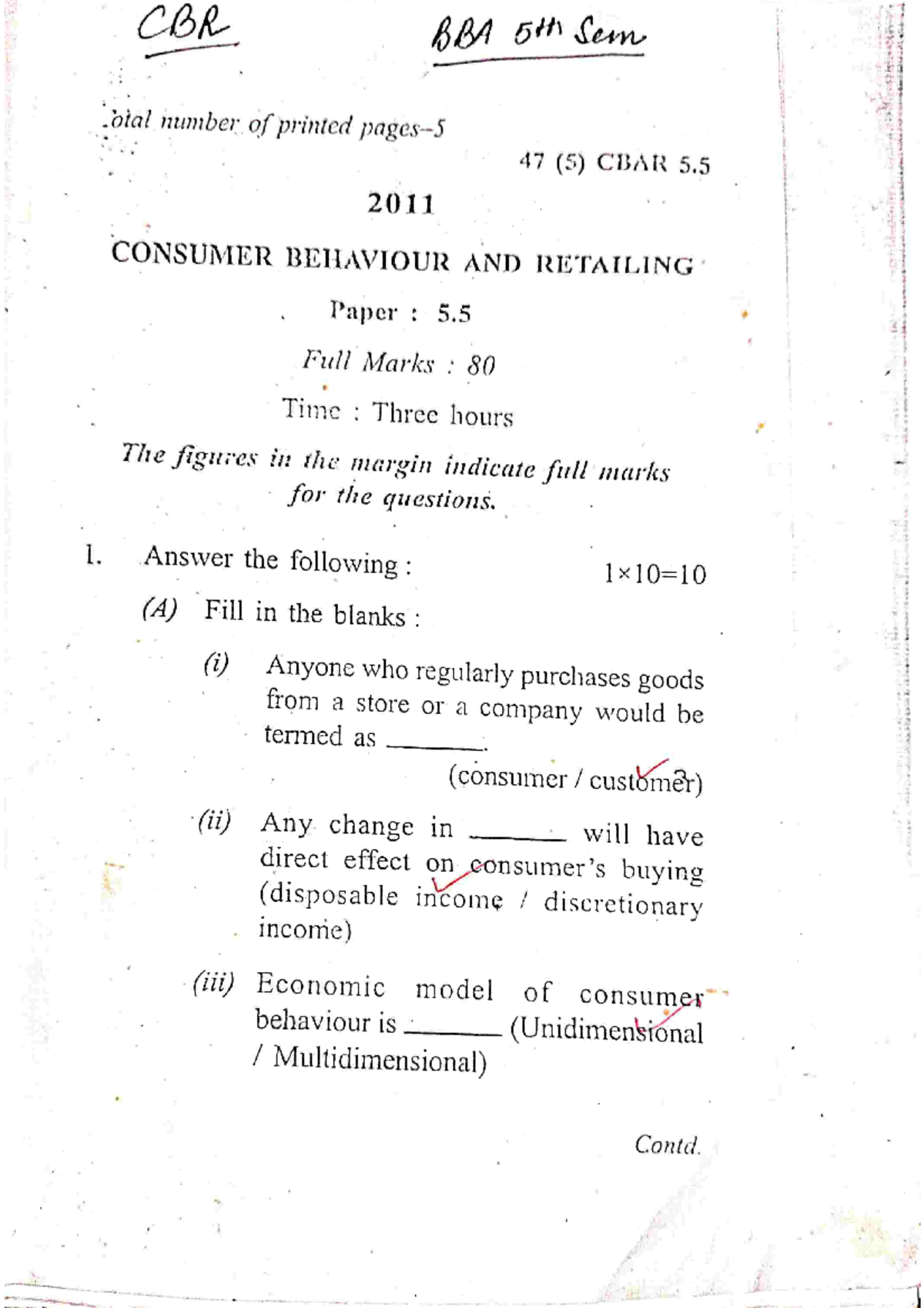 Consumer Behavior - The document contains previous year question papers ...