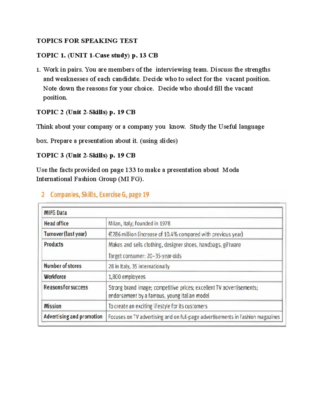 Topics FOR Speaking Tests - TOPICS FOR SPEAKING TEST TOPIC 1. (UNIT 1 ...