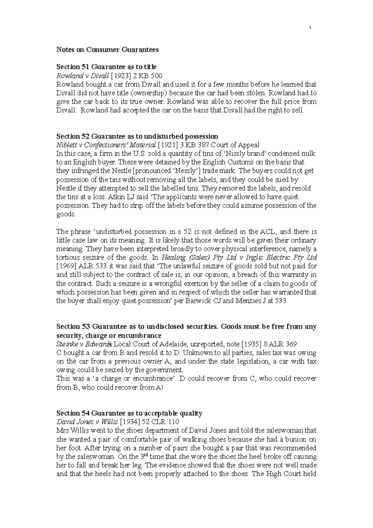 Notes ON Consumer Guarantees - Notes on Consumer Guarantees Section 51 ...