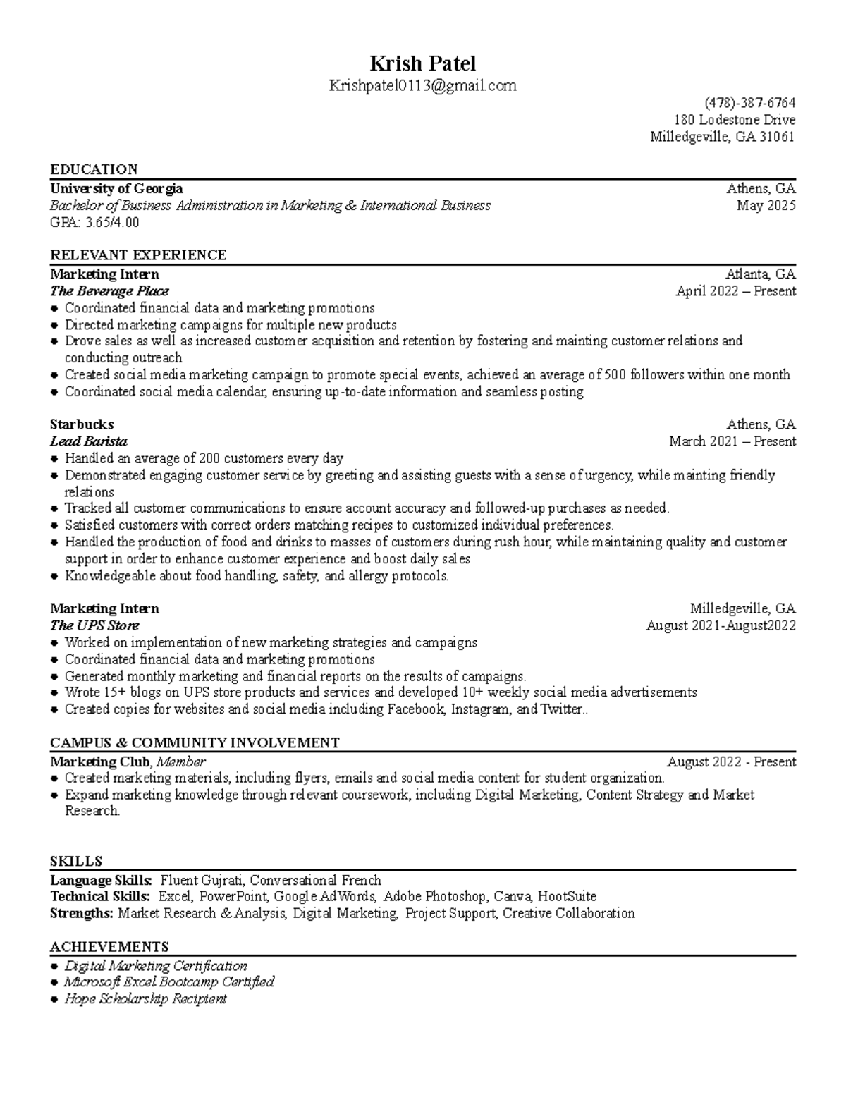 Krish Patel Resume - ourse work - Krish Patel Krishpatel0113@gmail (478)-387- 180 Lodestone ...