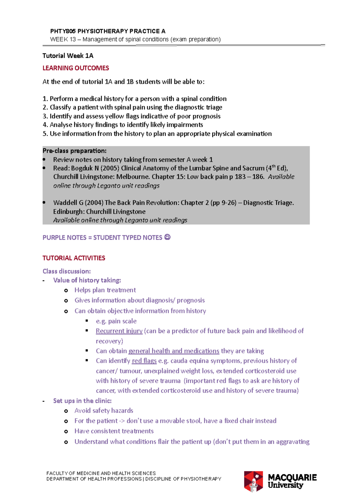 Phty8105 Week 1 Tutorial 1 Tutorial Week 1a Learning Outcomes At The End Of Tutorial 1a And 1b