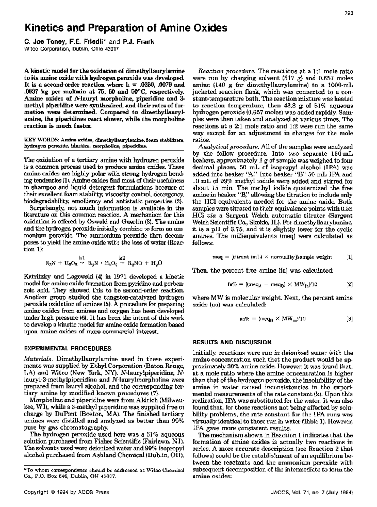 Toney 1994 - articulo - Kinetics and Preparation of Amine Oxides C. Joe ...