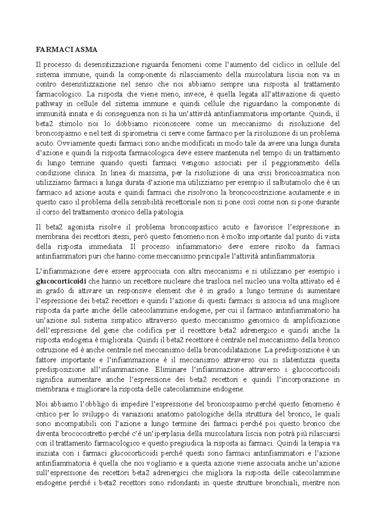 Farmaci ASMA - appunti - FARMACOLOGIA GENERALE - UNICAL - Studocu