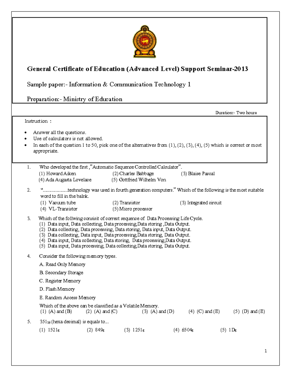 2013 AL ICT Model Paper English @ apepanthiya - General Certificate of ...