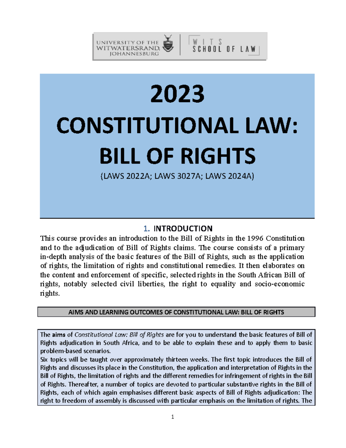2023 Constitutional Law Bill of Rights - 1. INTRODUCTION This course ...