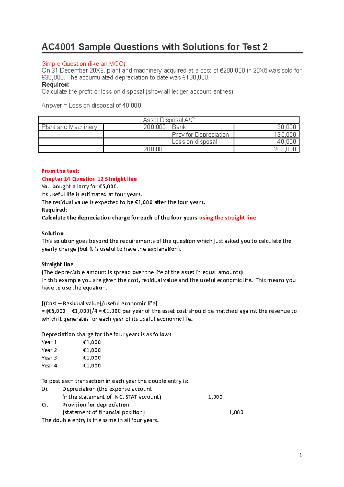 Sample Depreciation Questions for Assignment 2 2021 - AC4001 Sample ...