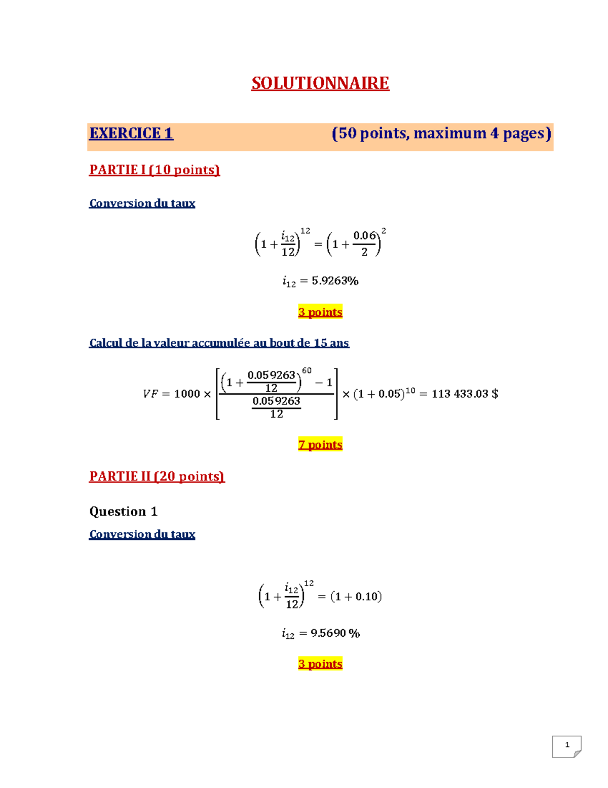 Solutionnaire TP1 - FIN3500 - SOLUTIONNAIRE EXERCICE 1 (50 points, maximum 4 pages) PARTIE I (10 ...