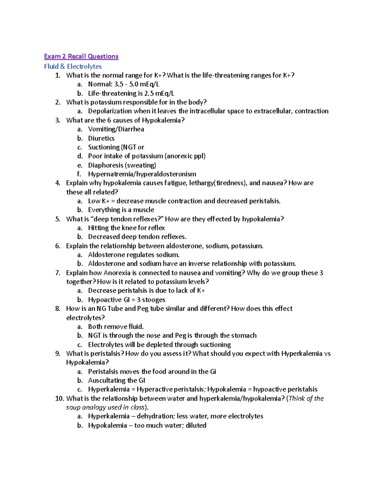 EXAM 2 Recall Question - Exam 2 Recall Questions Fluid & Electrolytes 1 ...