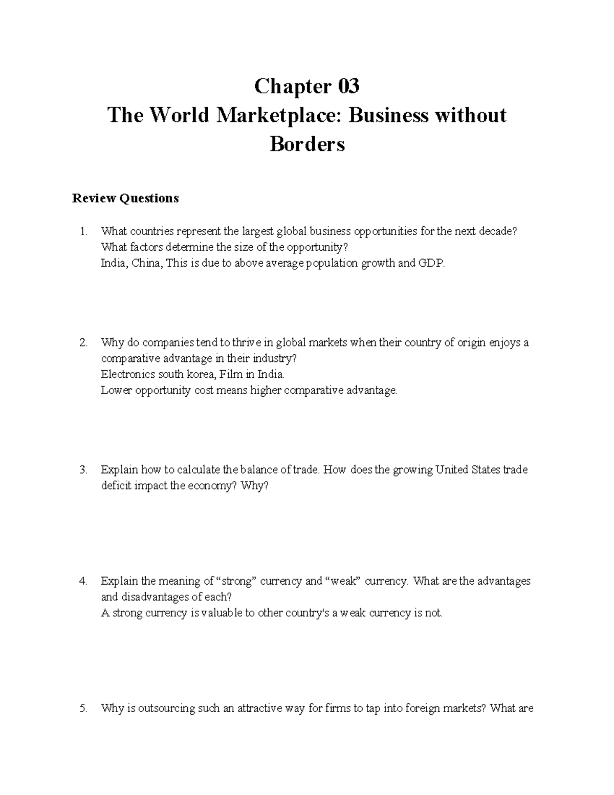 Chapter 3 Review Questions - Chapter 03 The World Marketplace: Business ...