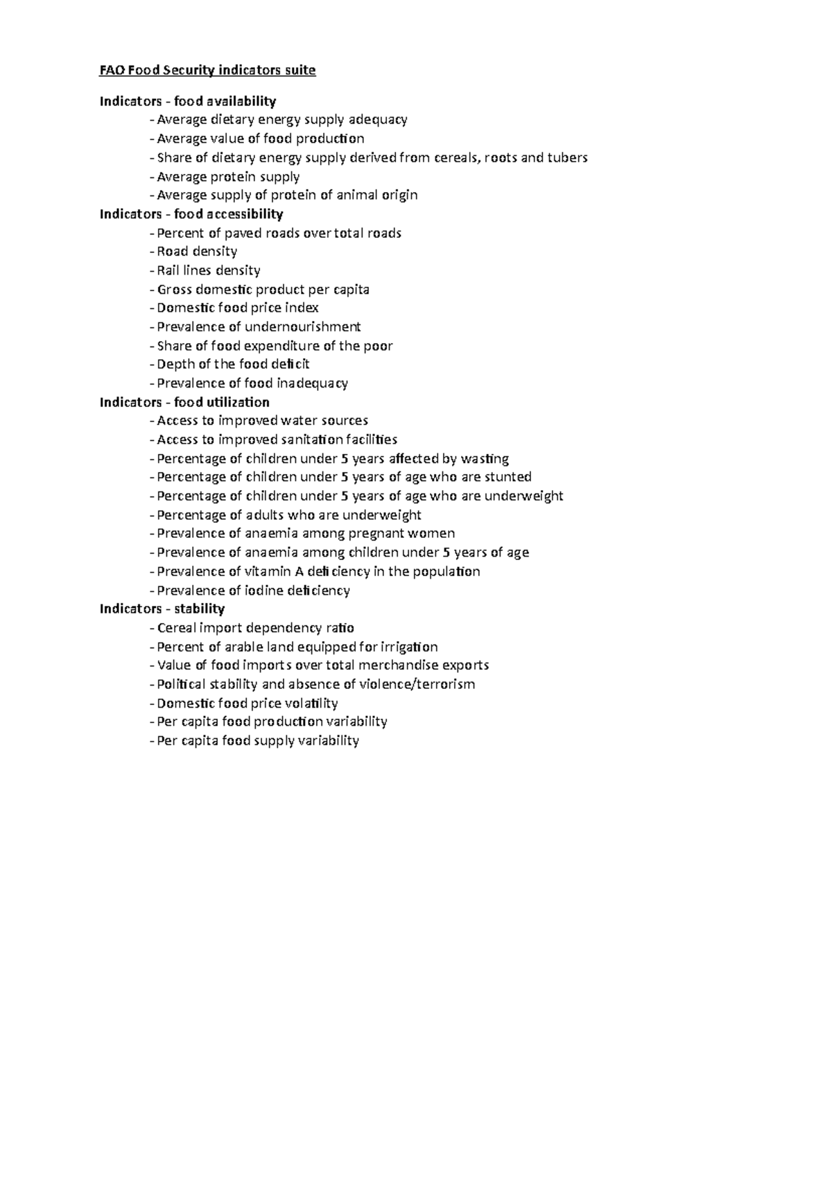 FAO Food Security indicators - Studeersnel
