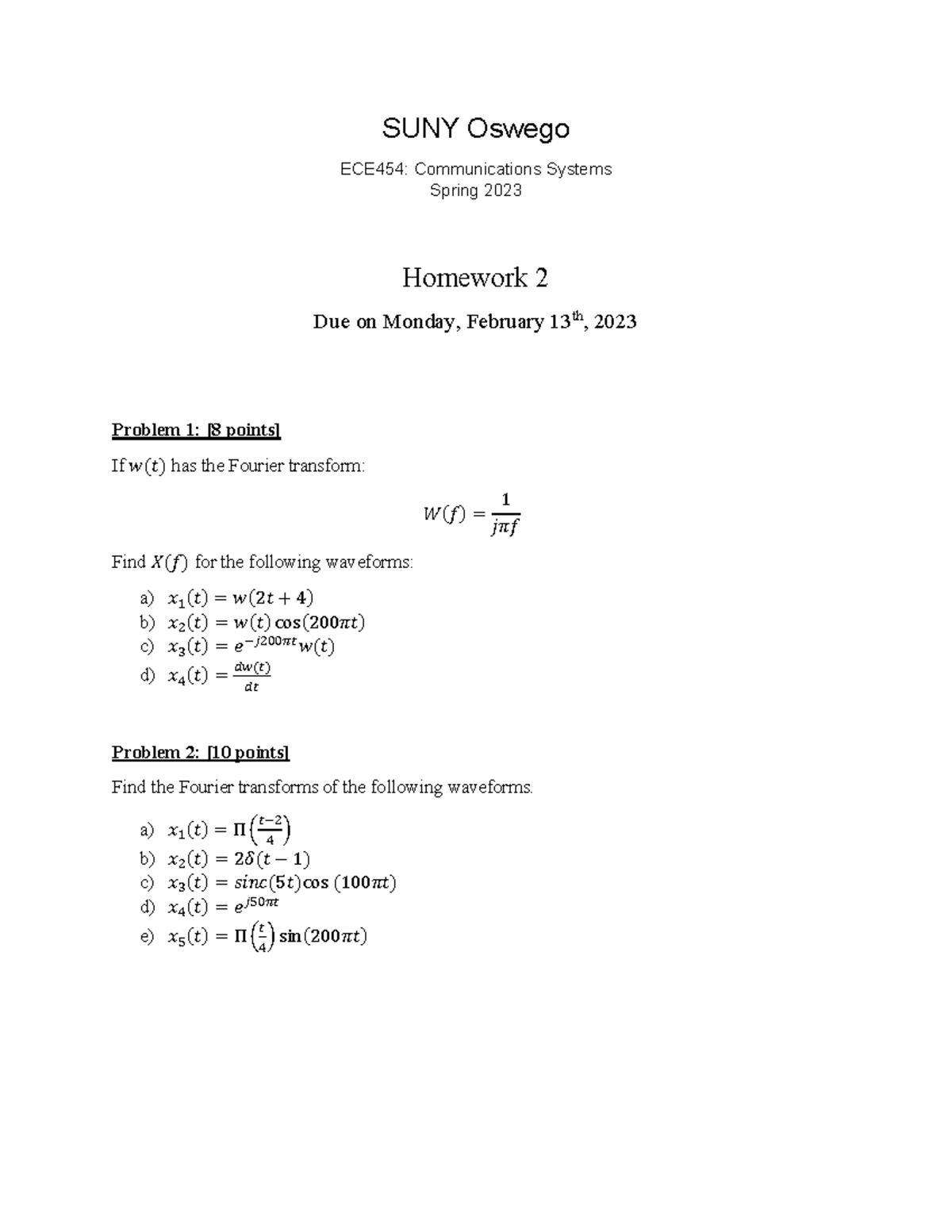 ECE454 HW02 SP23 - HOMEWORK- SECOND - SUNY Oswego ECE454: Communications Systems Spring 2023 ...