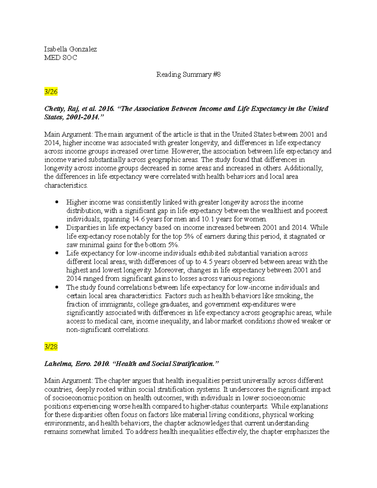 Reading Summary 8 - Isabella Gonzalez MED SOC Reading Summary # 3 ...