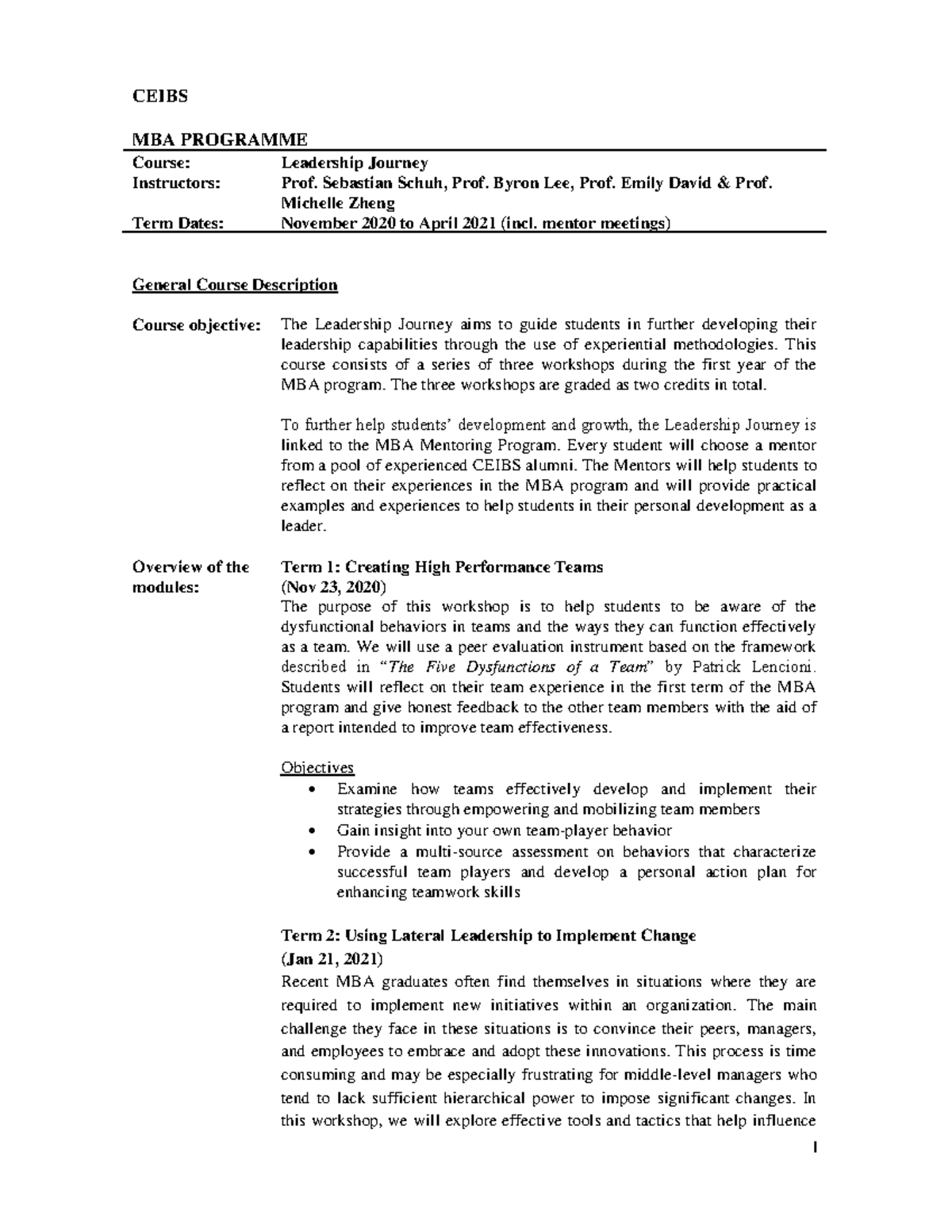 MBA2022 Leadership Journey - outline - 1 CEIBS MBA PROGRAMME Course ...