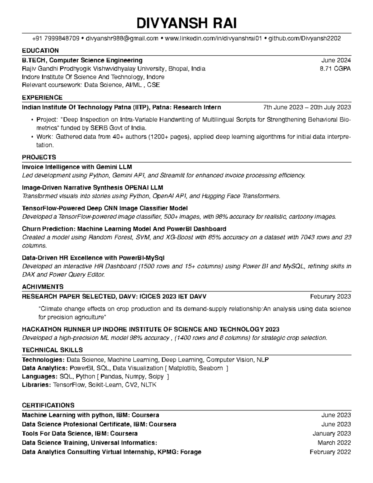 Divyansh Resume - DIVYANSH RAI +91 7999848709 • divyanshr988@gmail • linkedin/in/divyanshrai01 ...
