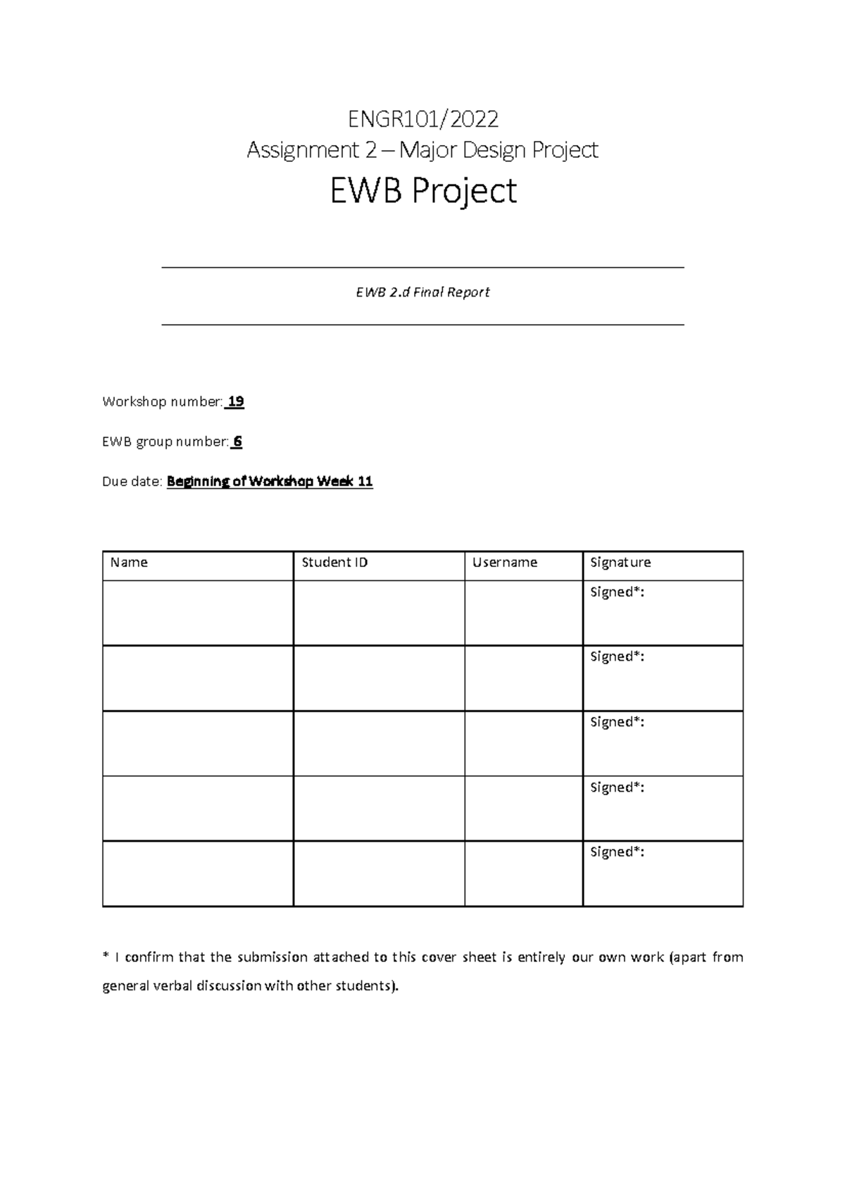 ENGR101 EWB 2.d Final Report 2022 - ENGR101/ Assignment 2 – Major ...