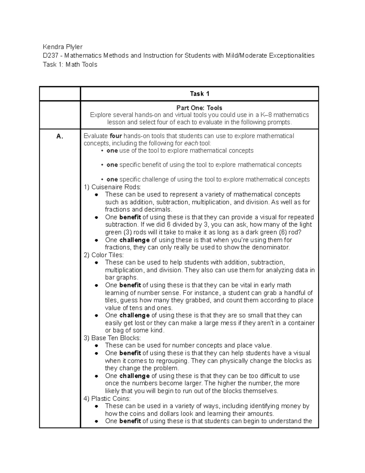 Task 1 Math Tools - 1st try - Kendra Plyler D237 - Mathematics Methods and Instruction for ...