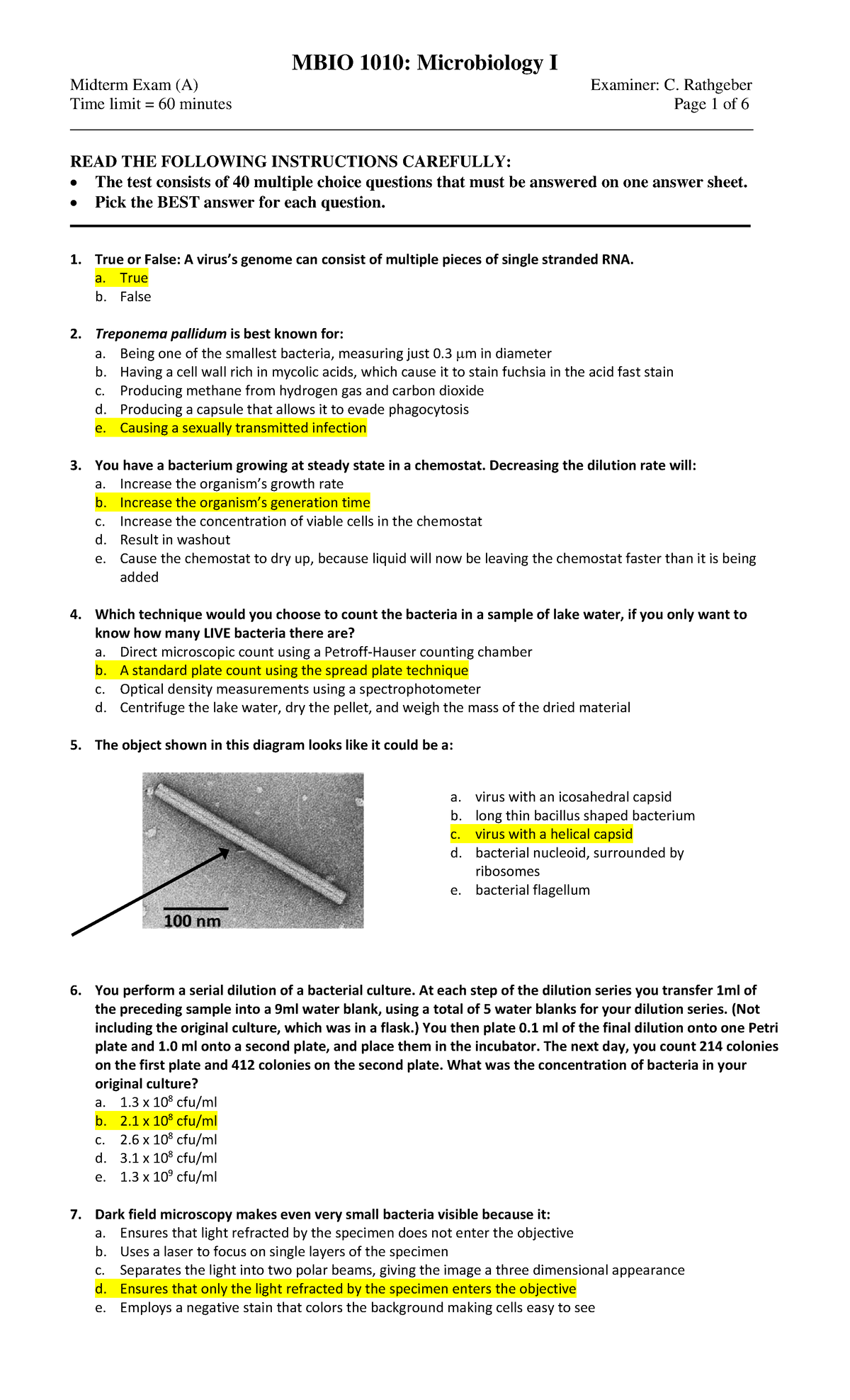 Midterm Test May 2018, questions and answers - MBIO 1010: Microbiology ...
