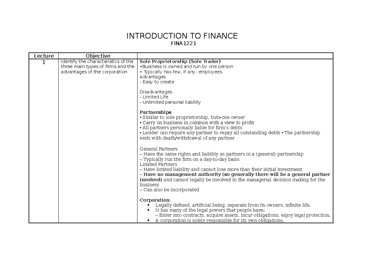 FINA1221 Notes - FINNA1221 - INTRODUCTION TO FINANCE FINA Lecture ...