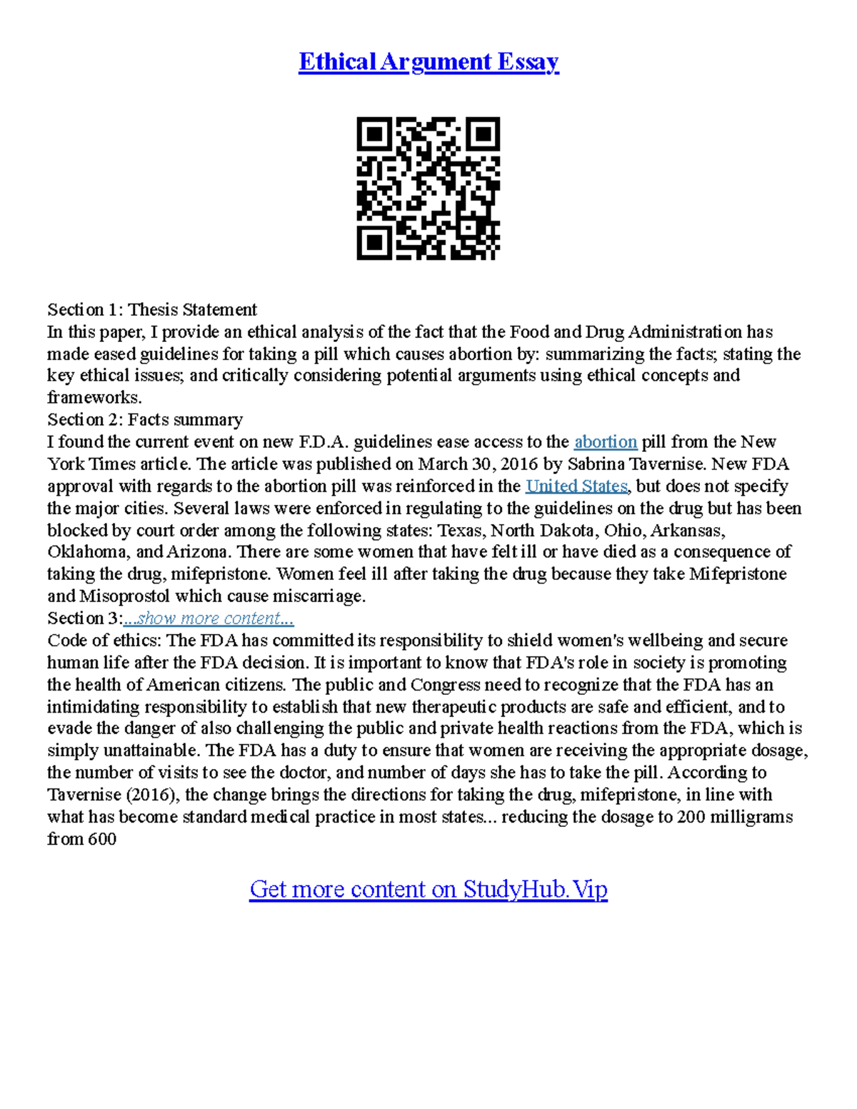 Ethical Argument Essay - Ethical Argument Essay Section 1: Thesis ...