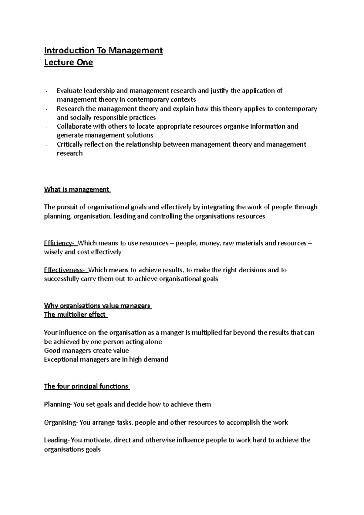 Introduction To Management - Introduction To Management Lecture One ...