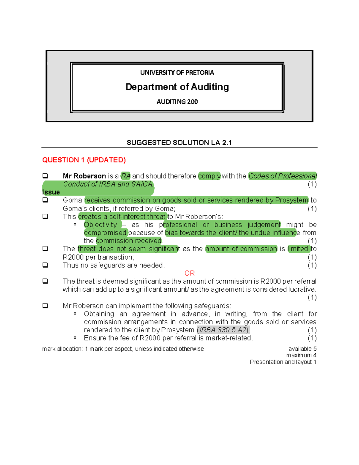 2023 Question 1 suggested solution - UNIVERSITY OF PRETORIA Department ...