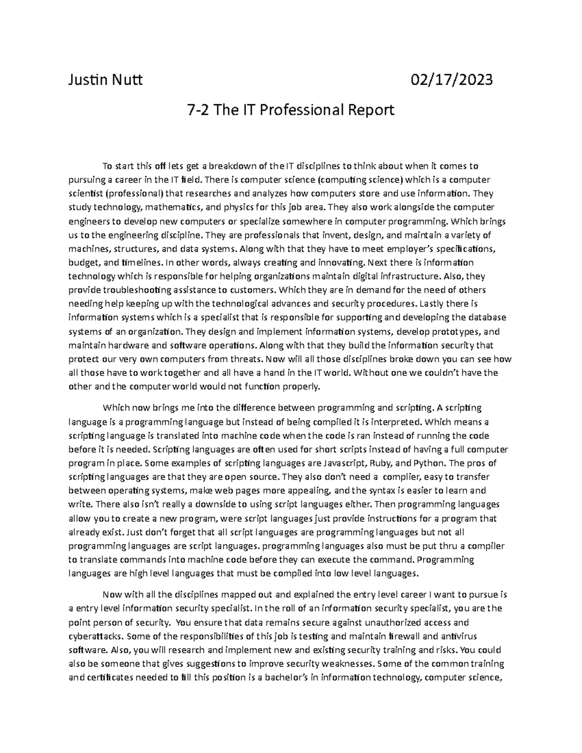 IT-200 7-2 snhu - Justin Nut 02/17/ 7-2 The IT Professional Report To ...
