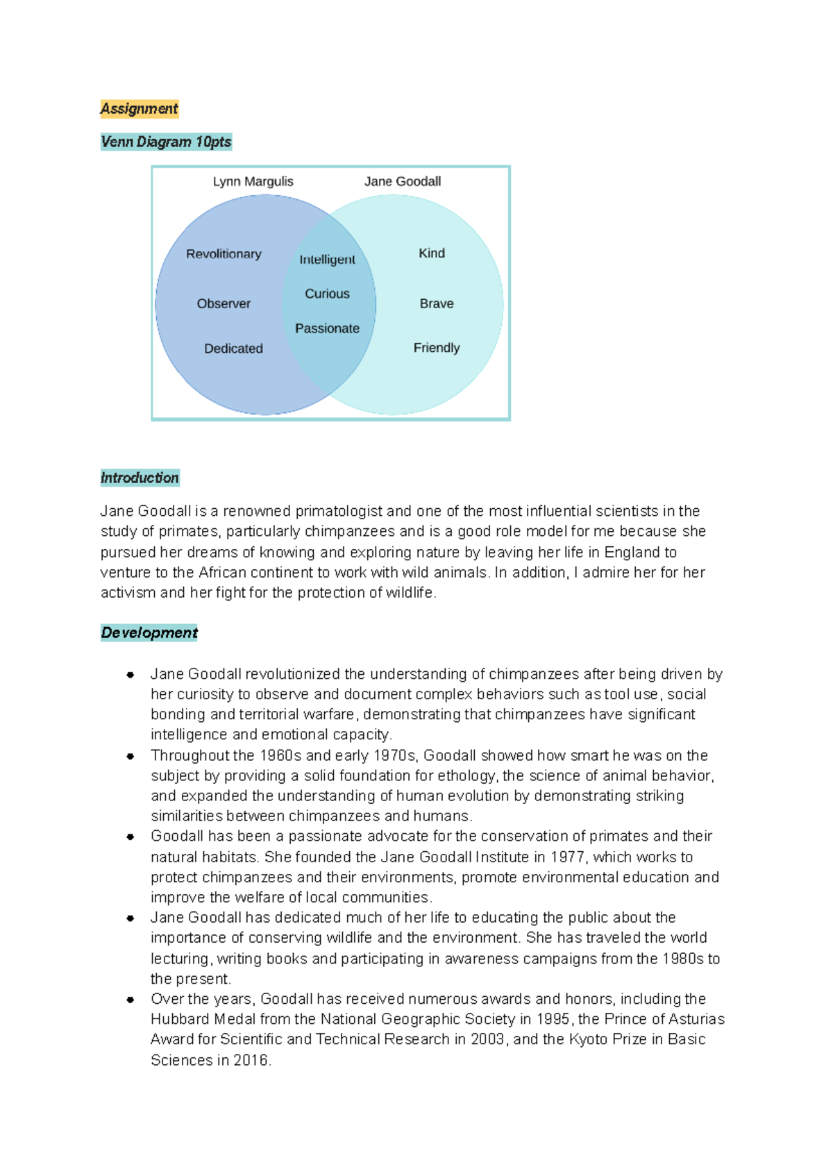 Assignment - Assignment Venn Diagram 10pts Introduction Jane Goodall is ...