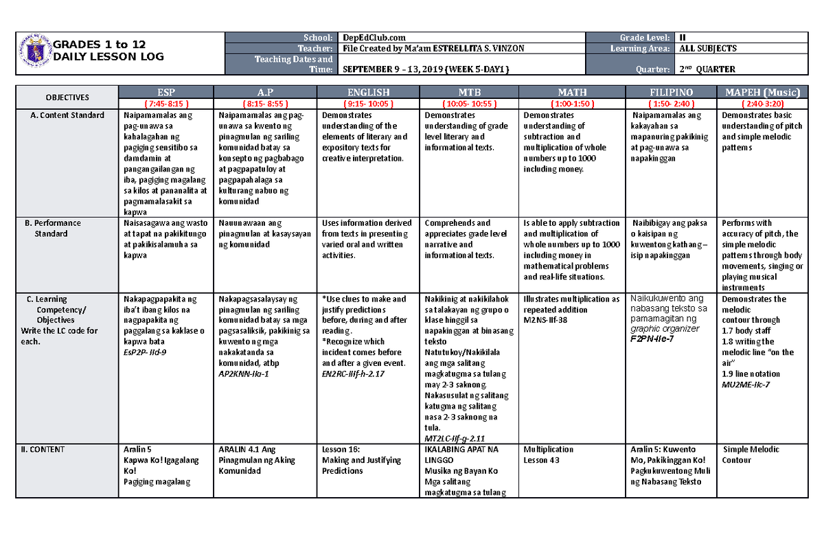 DLL ALL Subjects 2 Q2 W5 D1 - GRADES 1 to 12 DAILY LESSON LOG School: DepEdClub Grade Level: II ...