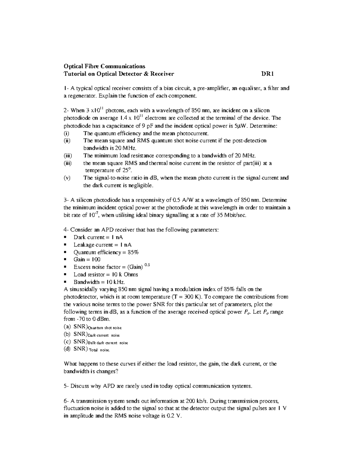 Tutorial work Questions and Solutions - Optical Fibre Communications ...