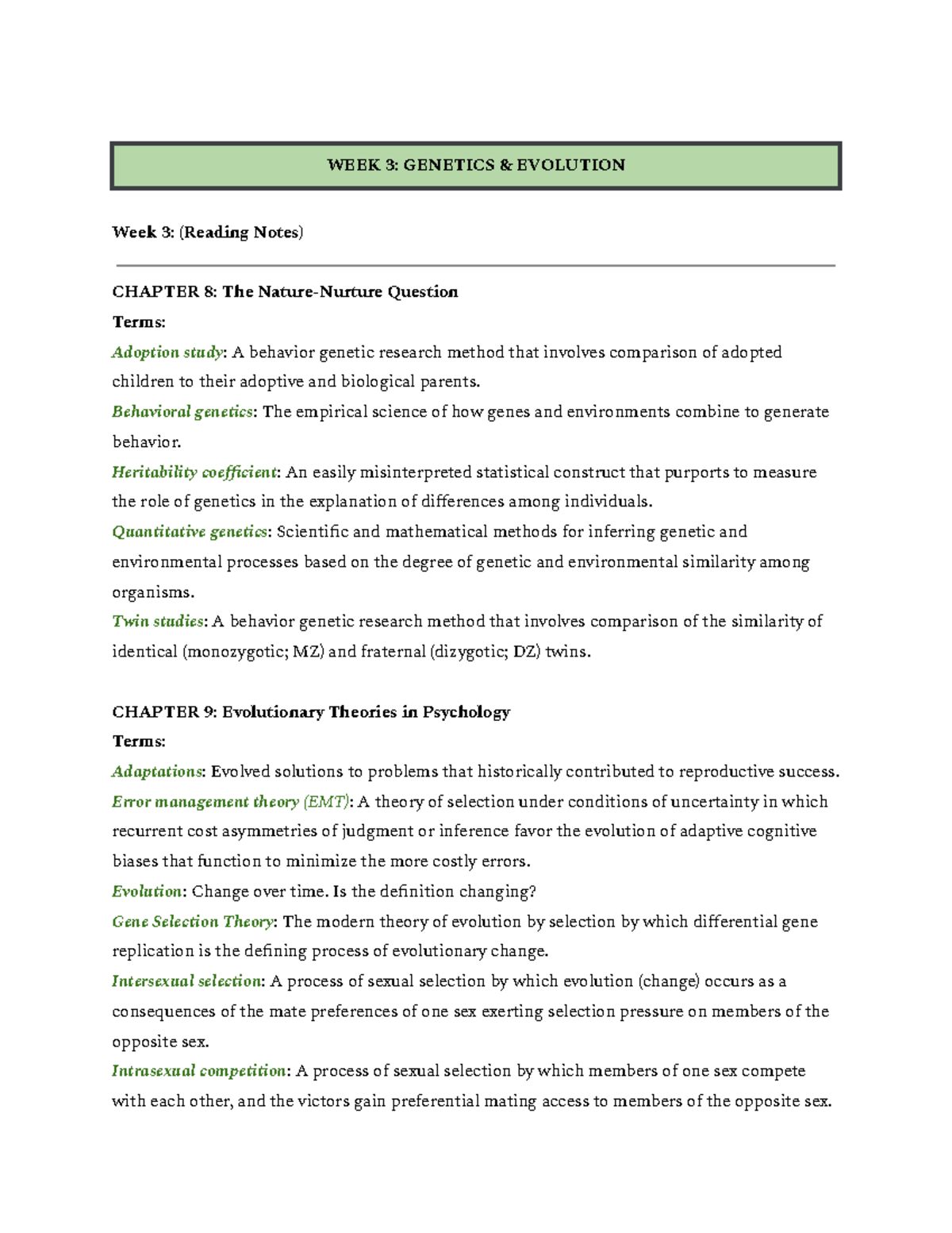 Week 3 - Lecture, Reading etc notes - WEEK 3: GENETICS & EVOLUTION Week ...