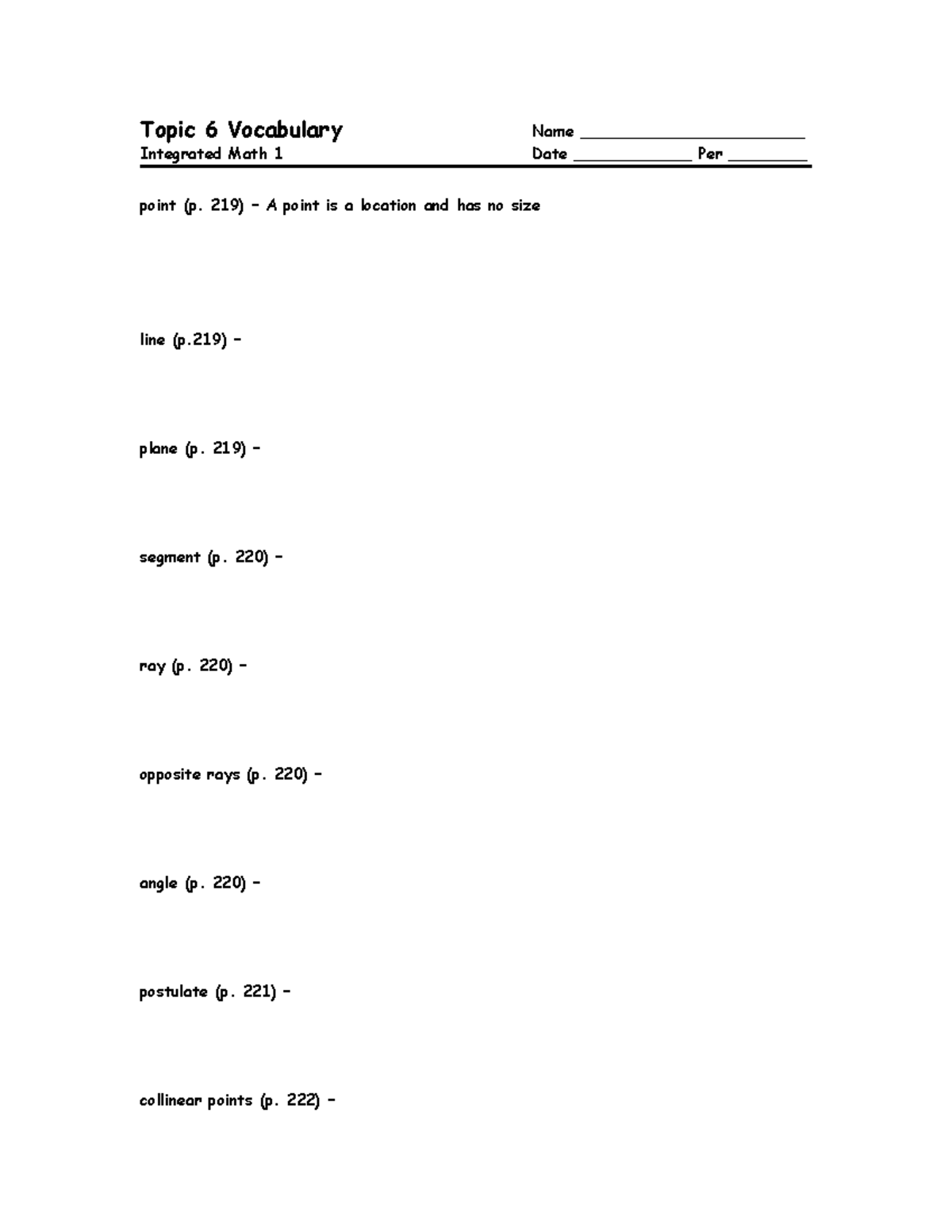 Copy of Topic 6 Math 1 Vocabulary Worksheet - Topic 6 ...