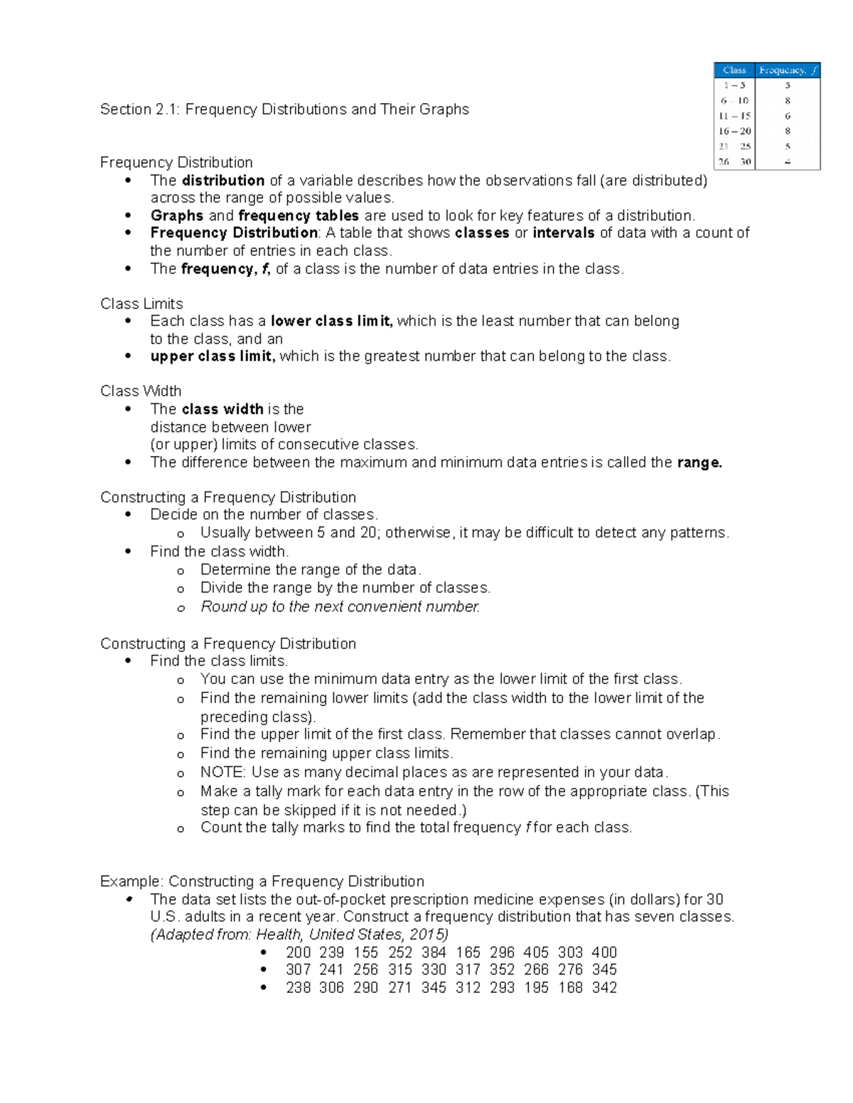 Section 2.1 unit 1 - Section 2: Frequency Distributions and Their Graphs Frequency Distribution ...