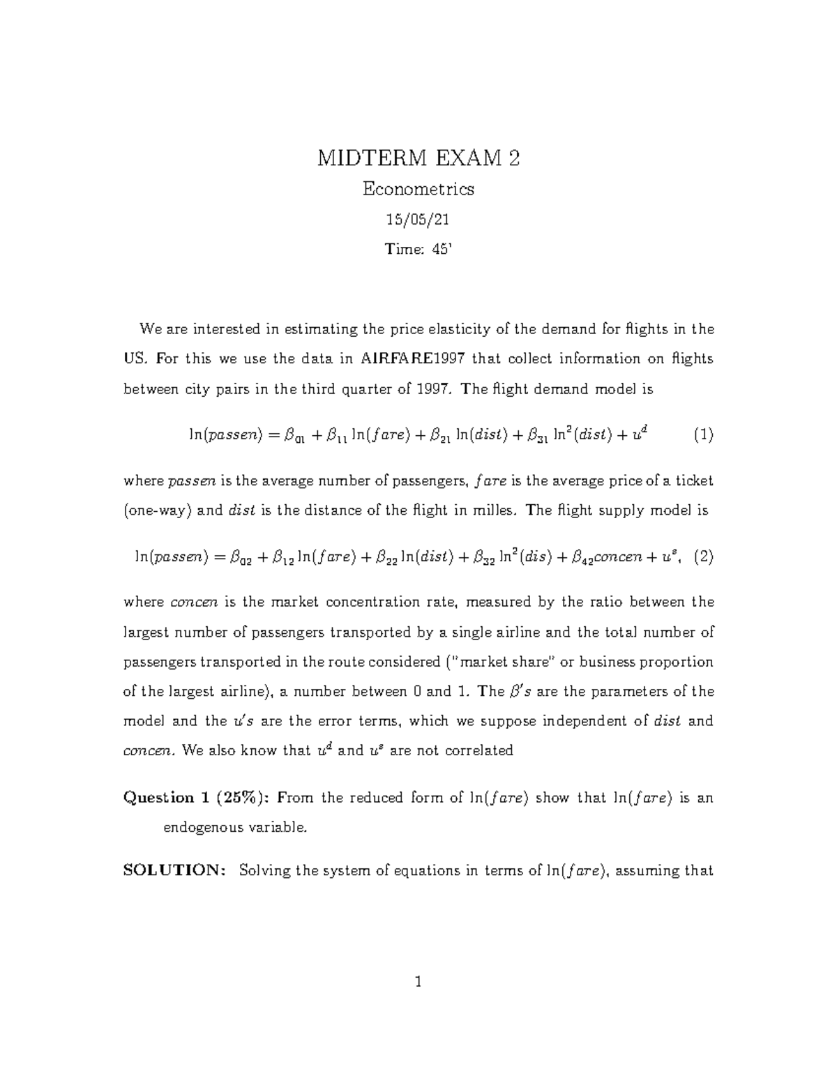 Examen Parcial 2 2021 Solution English - MIDTERM EXAM 2 Econometrics 15 ...