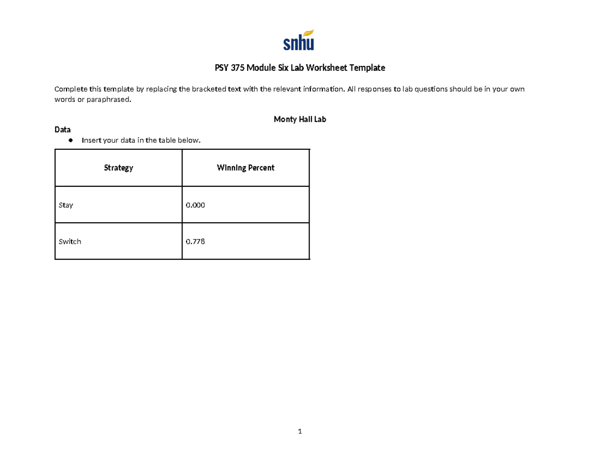 PSY 375 Module Six Lab Worksheet 1a - All responses to lab questions ...