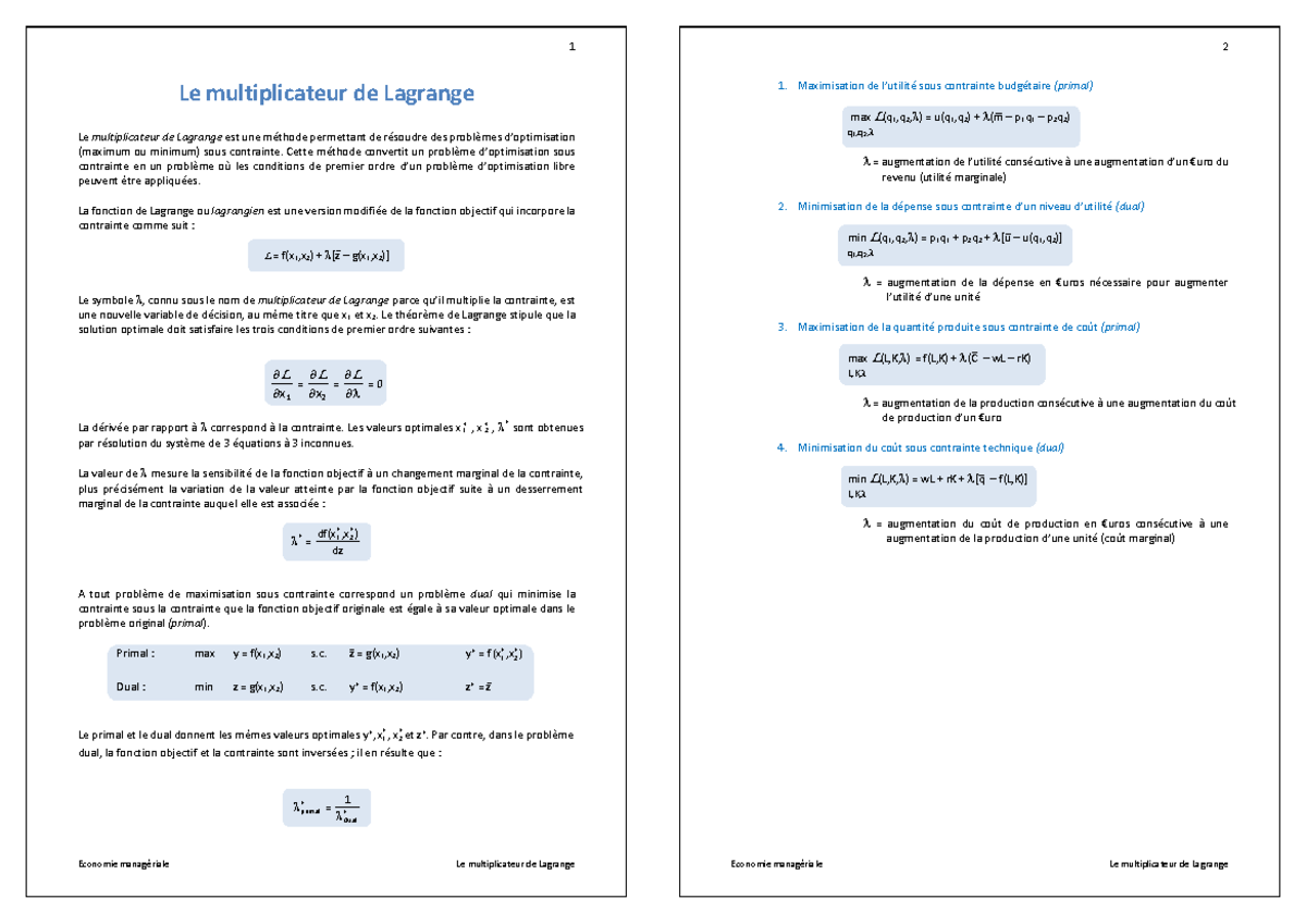3. Le multiplicateur de Lagrange (2p) - 1 Economie managériale Le multiplicateur de Lagrange Le ...