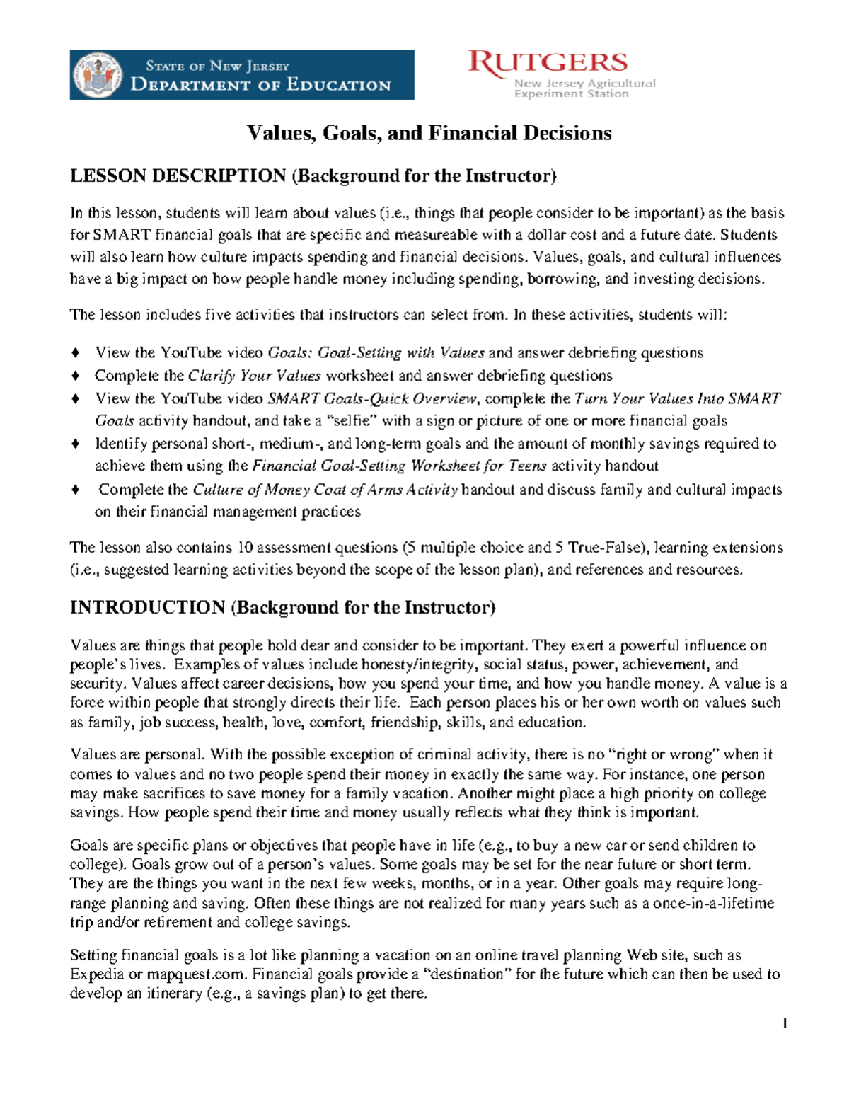 Do E Lesson Plan 9 Values Goals and Financial Decisions - Values, Goals ...