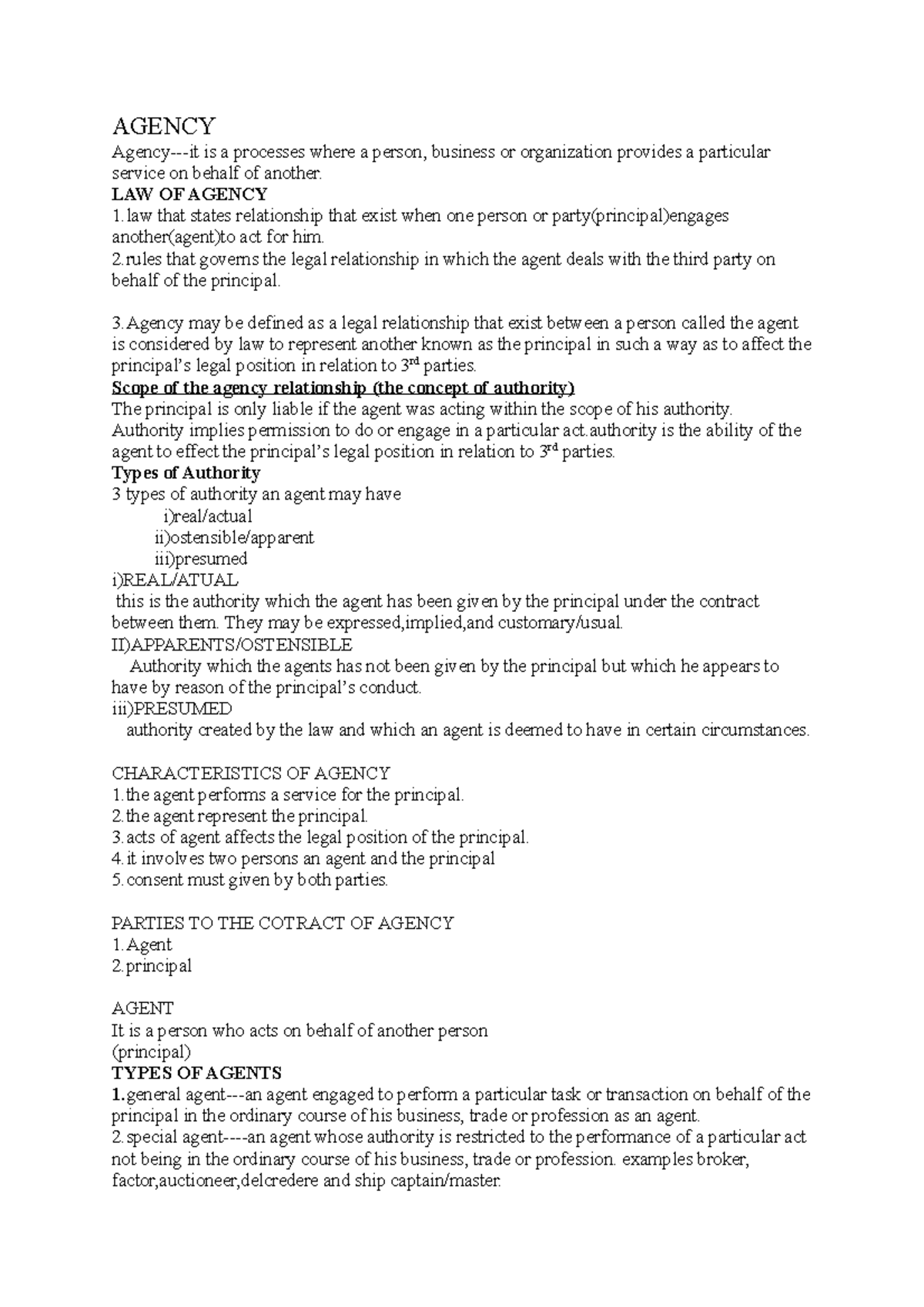 LAW OF Agency - AGENCY Agency-it is a processes where a person ...