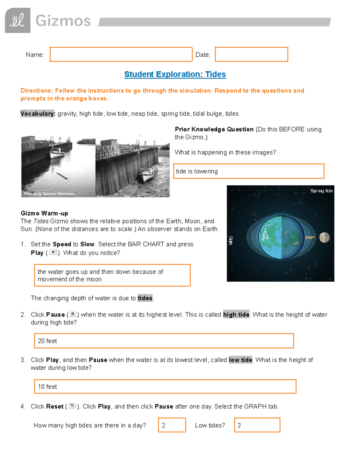 Tides gizmo - Name: Date: Student Exploration: Tides Directions: Follow ...