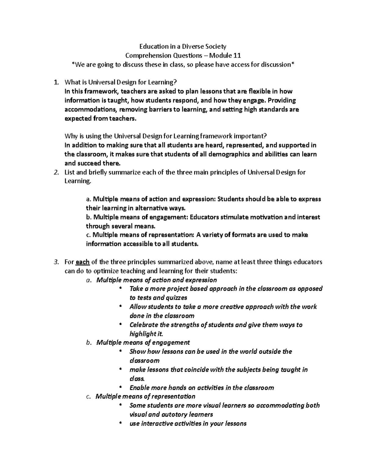 EDLA2000 Comprehension Questions Module 11 2 - Educa&on in a Diverse ...