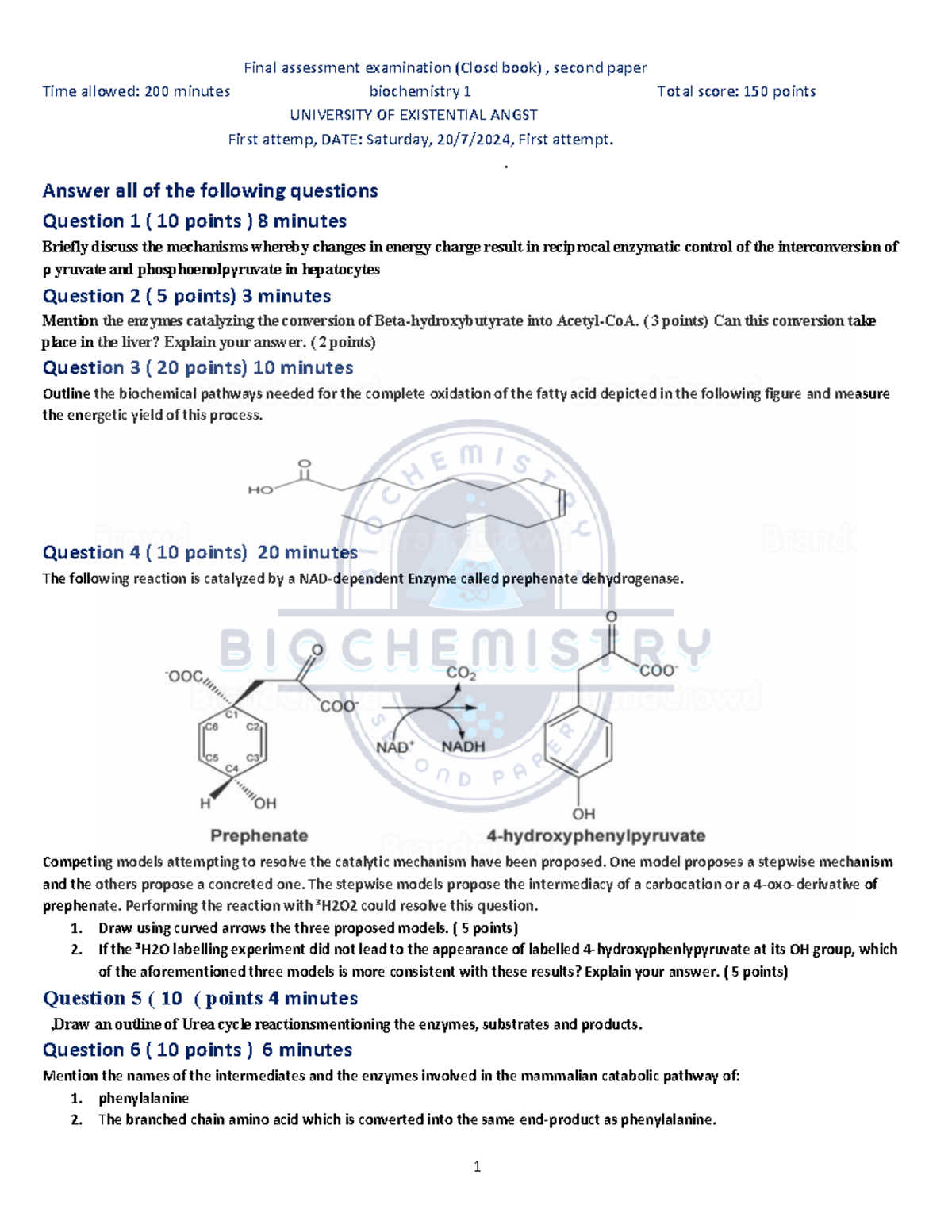 Biochemistry (8) watermark - Time allowed: 200 minutes biochemistry 1 ...