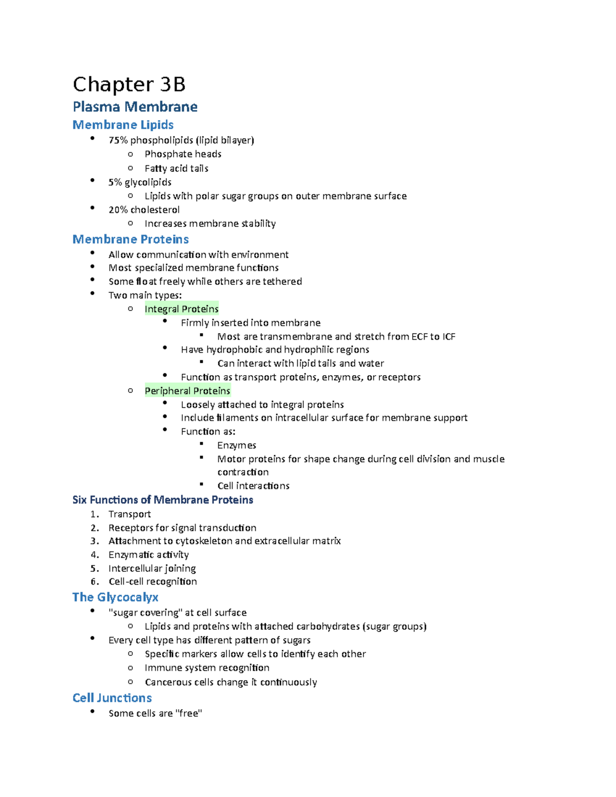 Chapter 3B Bio 208 - Chapter 3B Plasma Membrane Membrane Lipids 75% ...