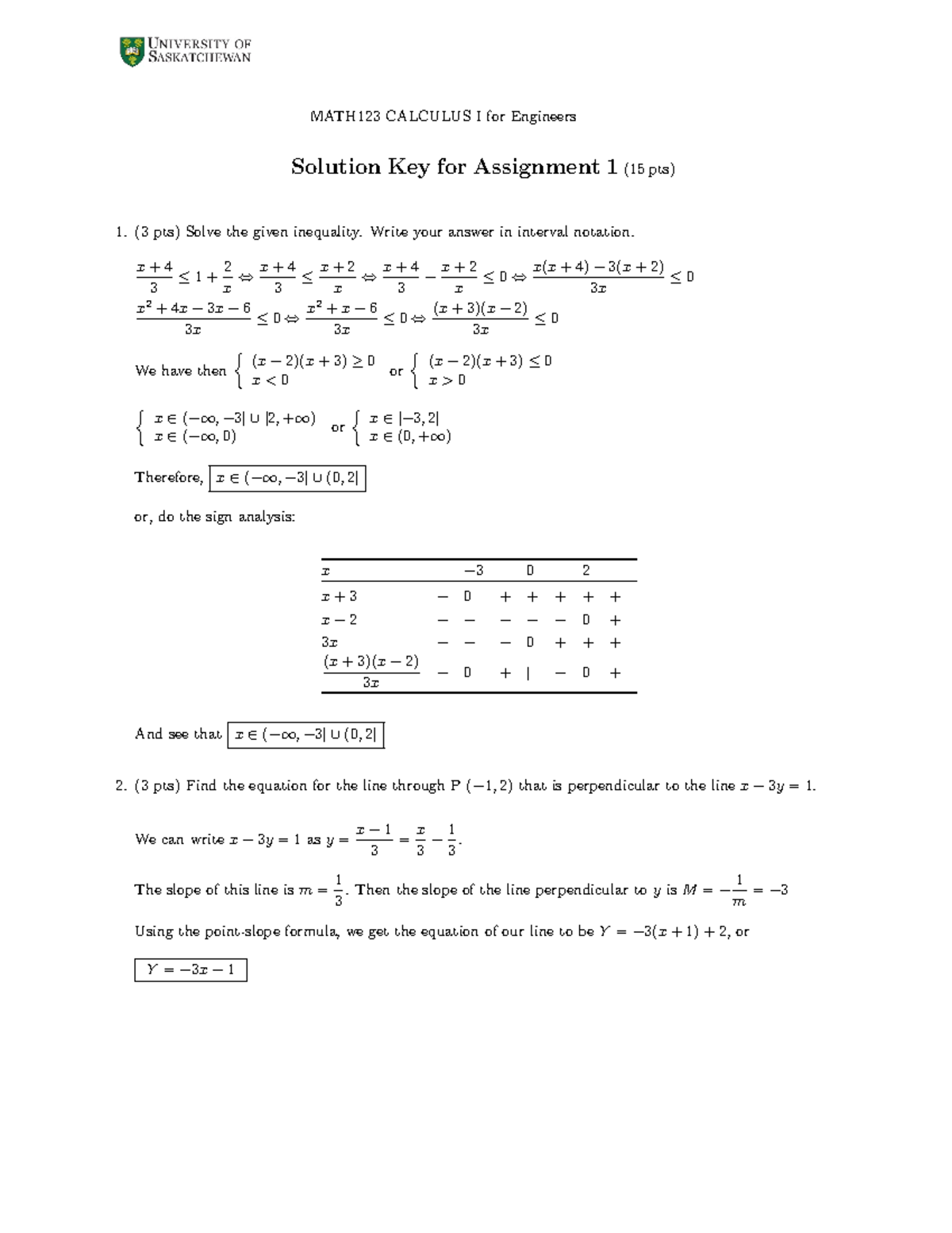 Assignment 1-2018-solution - MATH123 CALCULUS I for Engineers Solution Key for Assignment 1 (15 ...