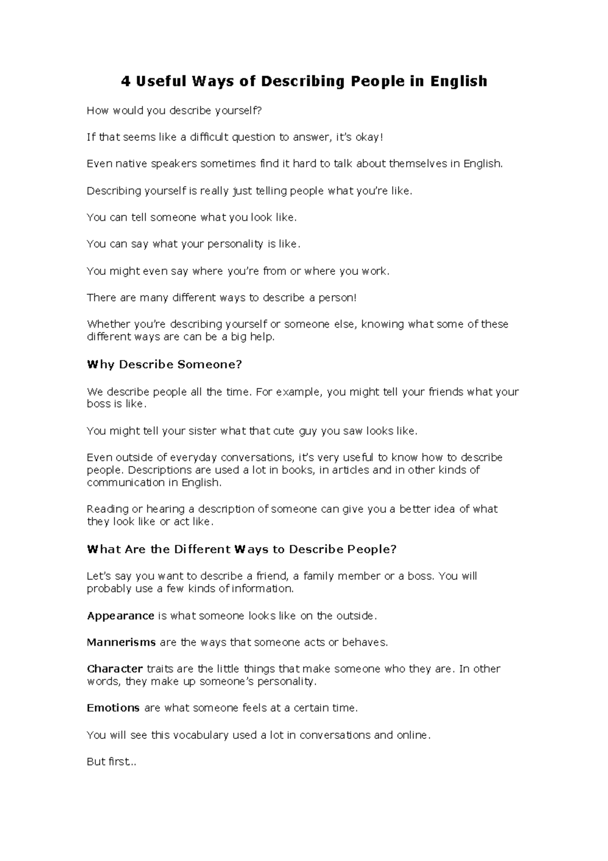 Describing People / Grammar structure / examples / practice - 4 Useful ...