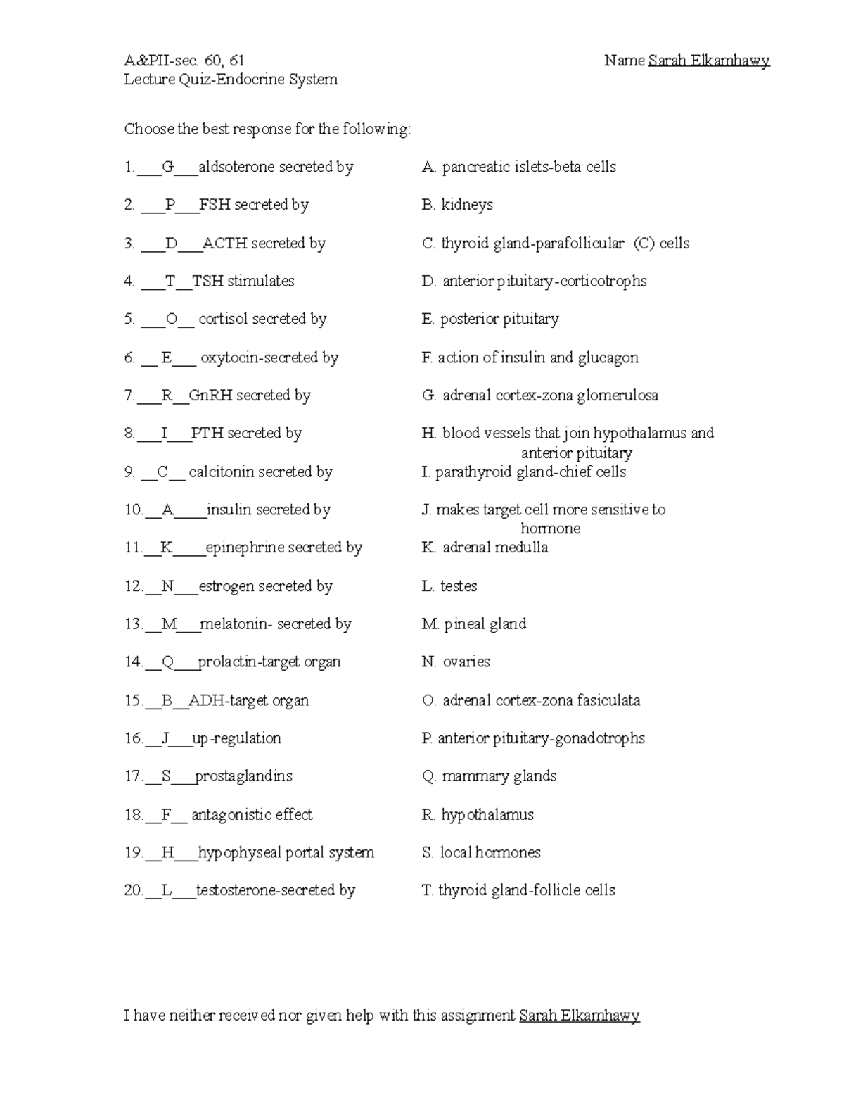 Quiz 3 - QUIZ #3 - A&PII-sec. 60, 61 Name Sarah Elkamhawy Lecture Quiz ...