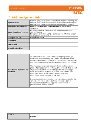 Unit 4 Aim A & B Brief - BTEC Assignment Brief Qualification Pearson BTEC Level 3 National ...