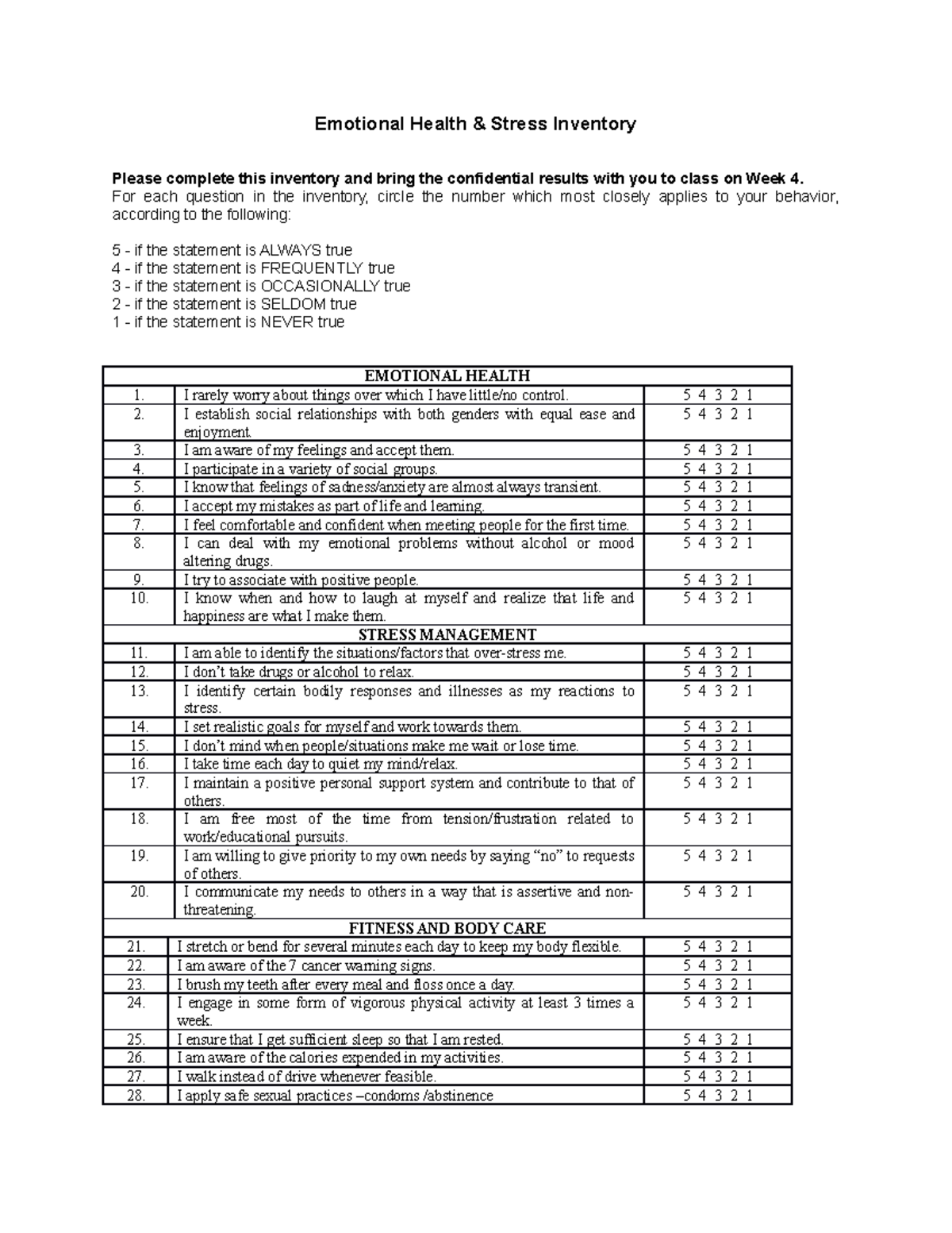 Emotional Health and Stress Inventory - Emotional Health & Stress ...