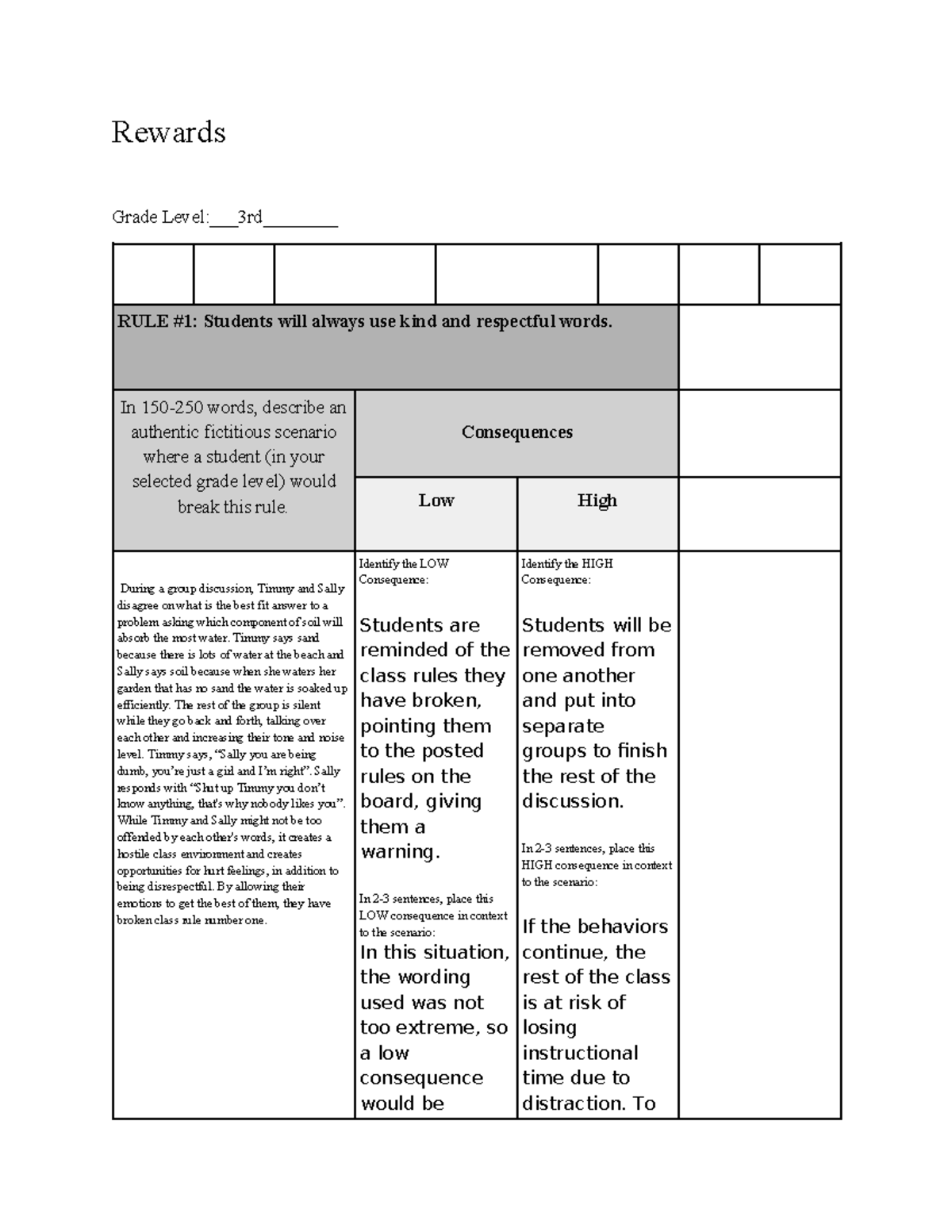 Rewards - Rewards Grade Level:3rd_____ RULE #1: Students will always ...