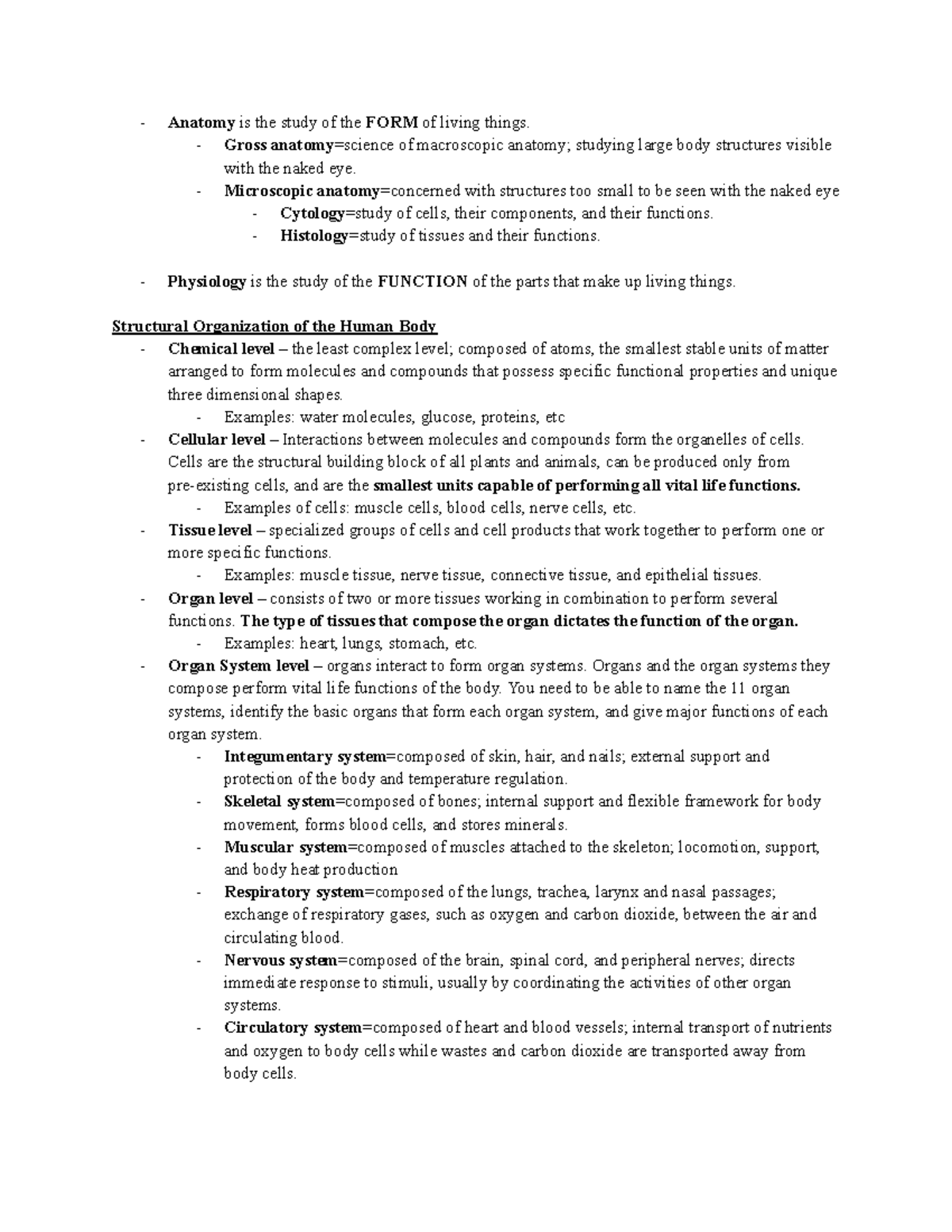 Chapter 1-Notes - Anatomy is the study of the FORM of living things ...