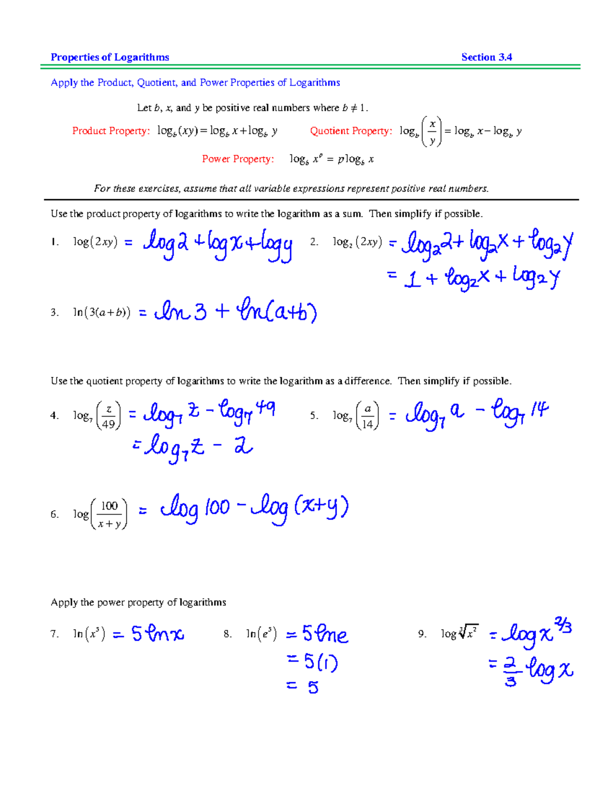MAC 1105 - MAC 1105 - ####### Properties of Logarithms Section 3. ####### Apply the Product ...